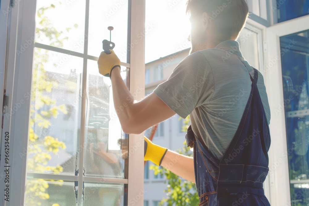 Construction worker installing window in house. Handyman fixing the ...