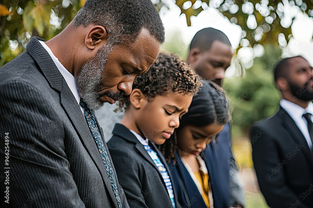 A pastor praying with family after funeral service, showing deep ...
