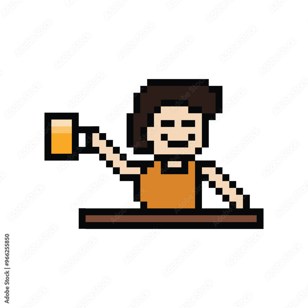 Cute pixel cartoon 8bit character man drink beer alcohol party ...