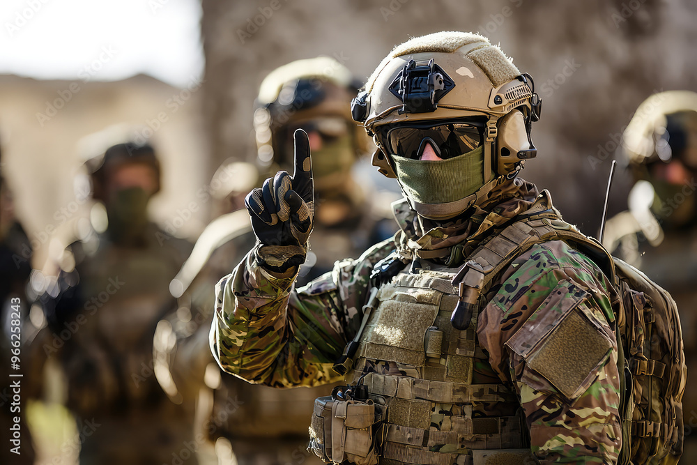 A special forces operator is communicating with teammates, showcasing ...