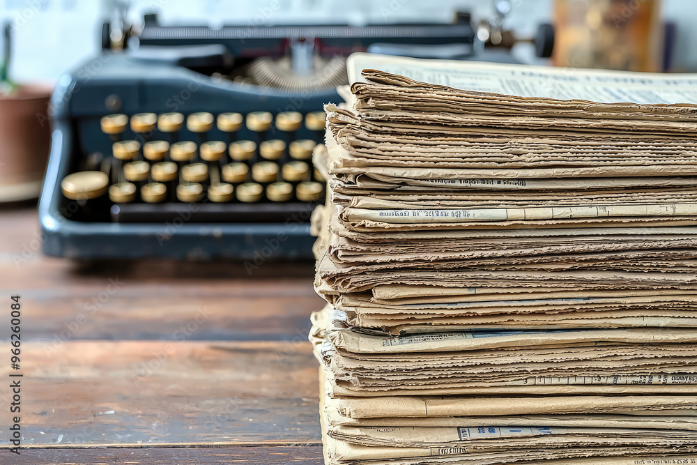 A stack of newspapers sits beside vintage typewriter, evoking sense of ...
