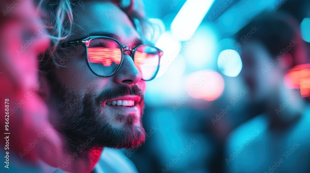An urban scene with multiple people in focus, set against a backdrop of ...