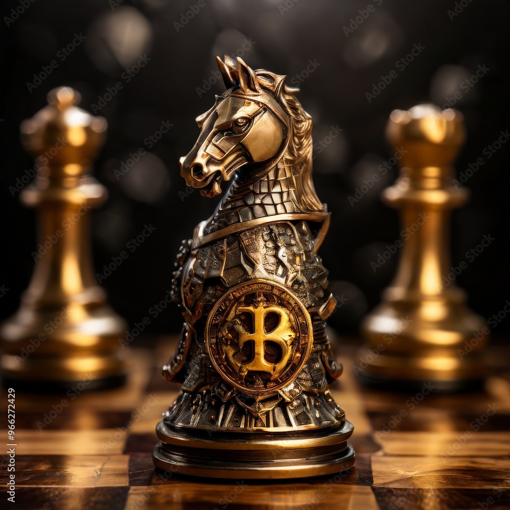A highly detailed chess knight with a Bitcoin emblem prominently ...