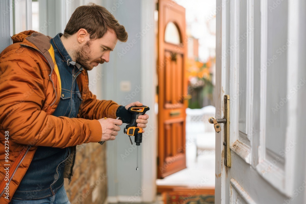 good looking man working as handyman and fixing a door lock in a house ...