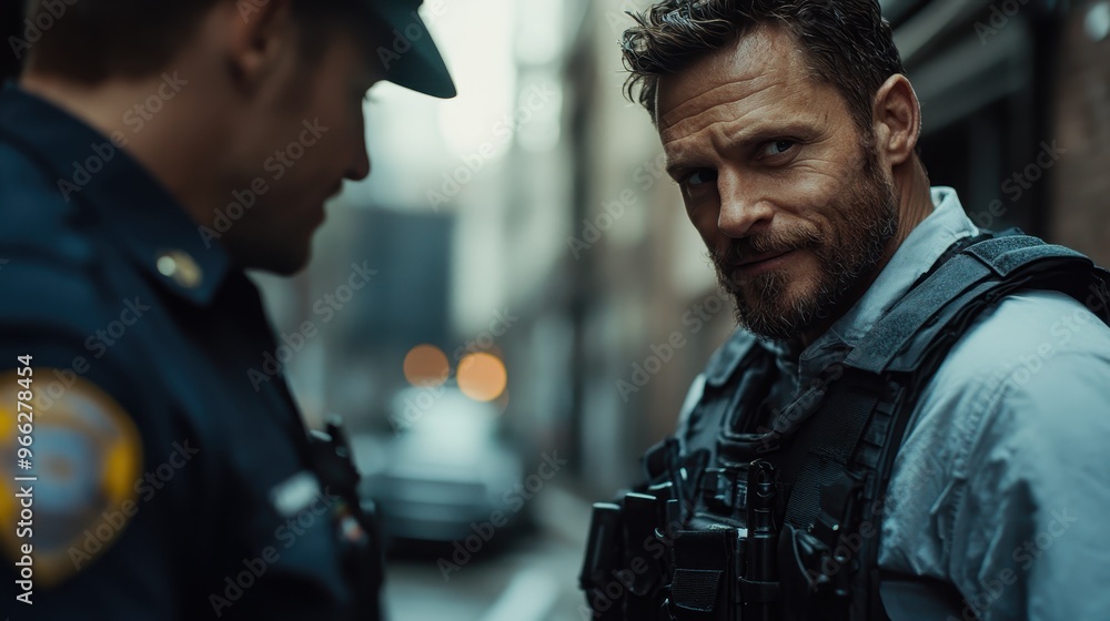 Two police officers, one looking serious and the other focused, have an ...
