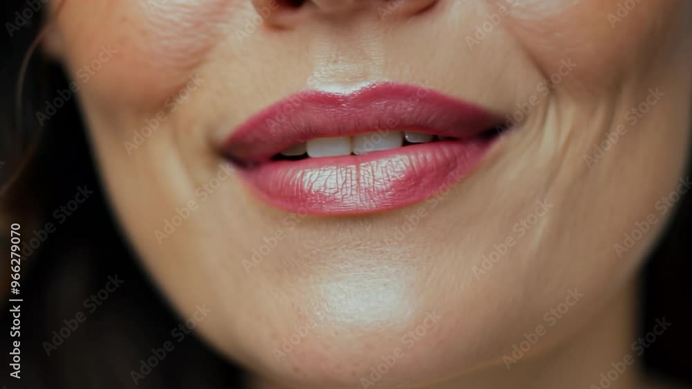 woman wearing pink lipstick, highlighting her full lips and teeth with ...