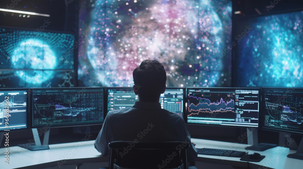 Person coding quantum algorithms, with quantum computing visuals ...