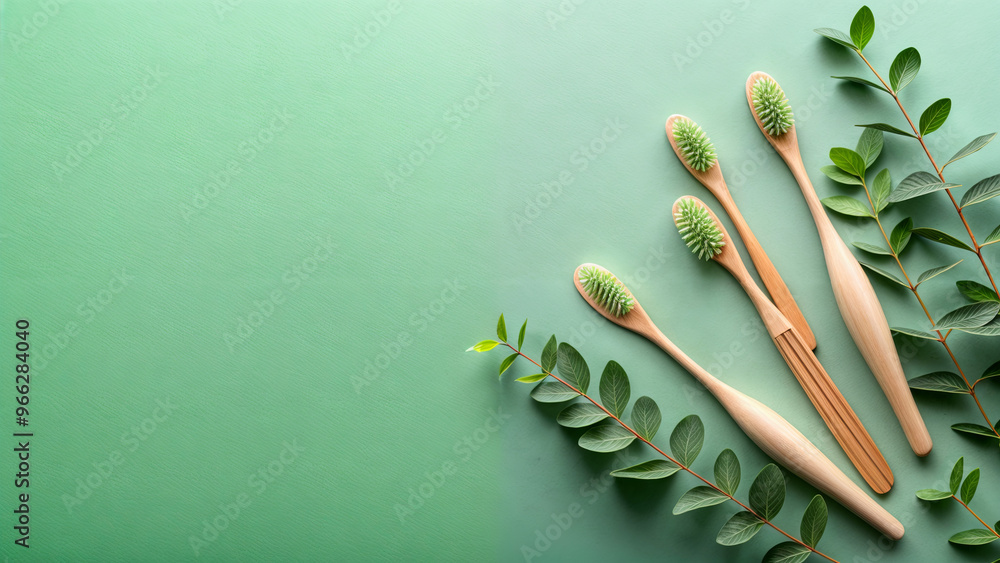 A collection of eco-friendly bamboo toothbrushes with green bristles is ...