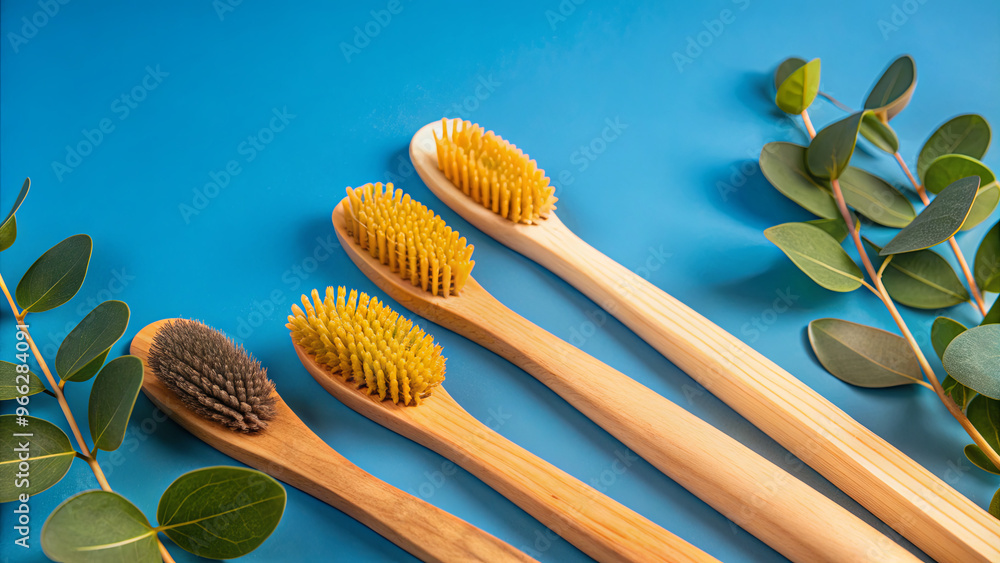 Four bamboo toothbrushes, each with different bristle textures, are ...