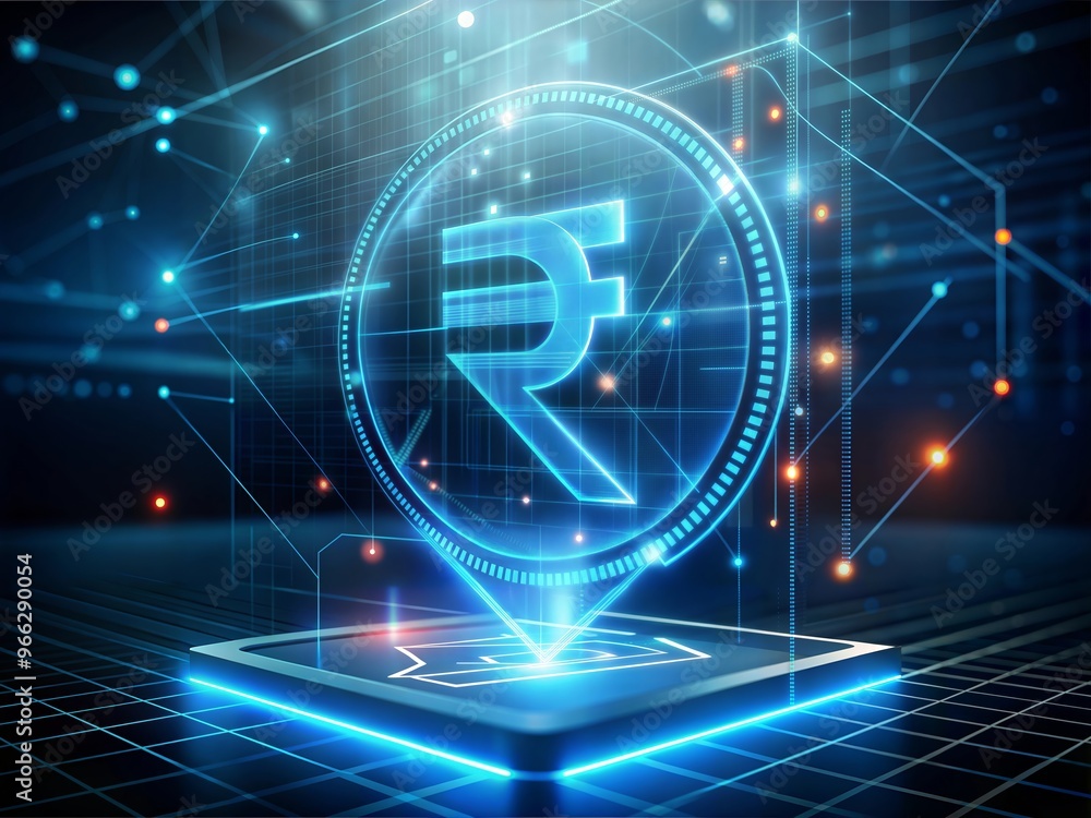 3D Glowing Currency Symbol of Indian Rupees, Futuristic Digital ...