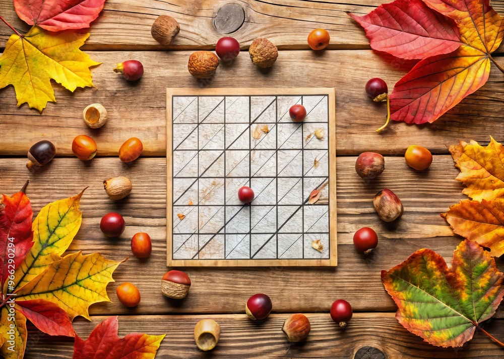 Vibrant autumn leaves and acorns create a playful bingo card design on ...