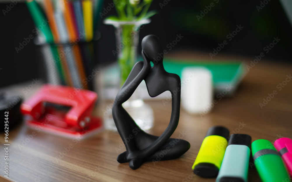 A desk featuring a small black sculpture of a seated figure, surrounded ...