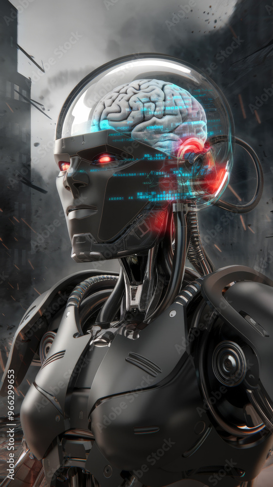 Bio-mechanical combat android with glowing red eyes and a holographic ...