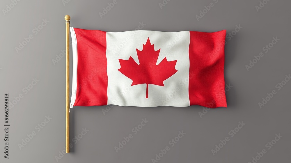 A vibrant Canadian flag is proudly displayed on a wooden flagpole ...