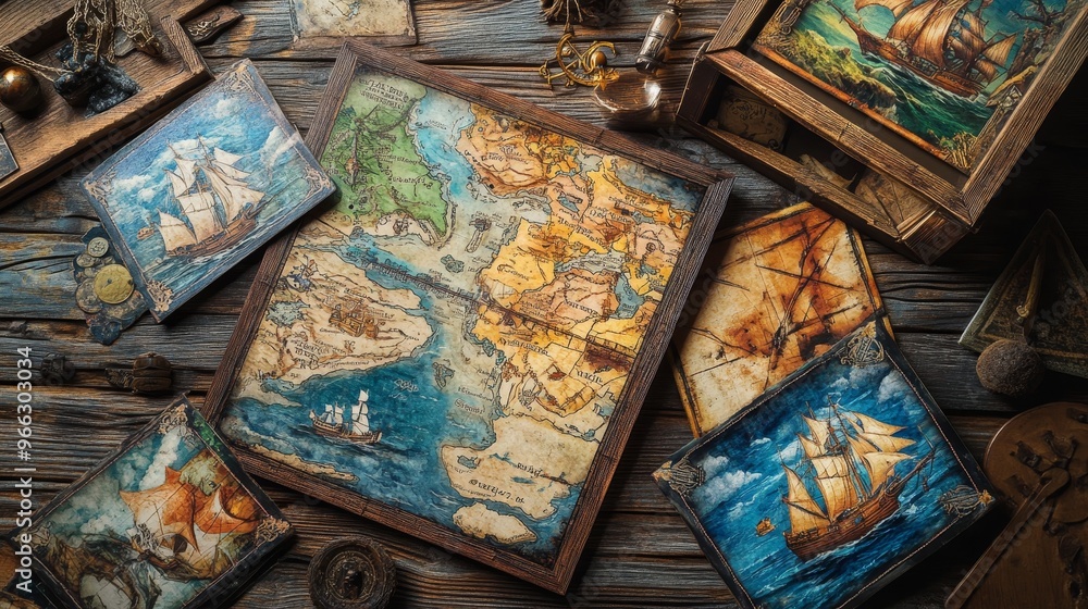 A vintage-inspired set of adventure game components, featuring a ...