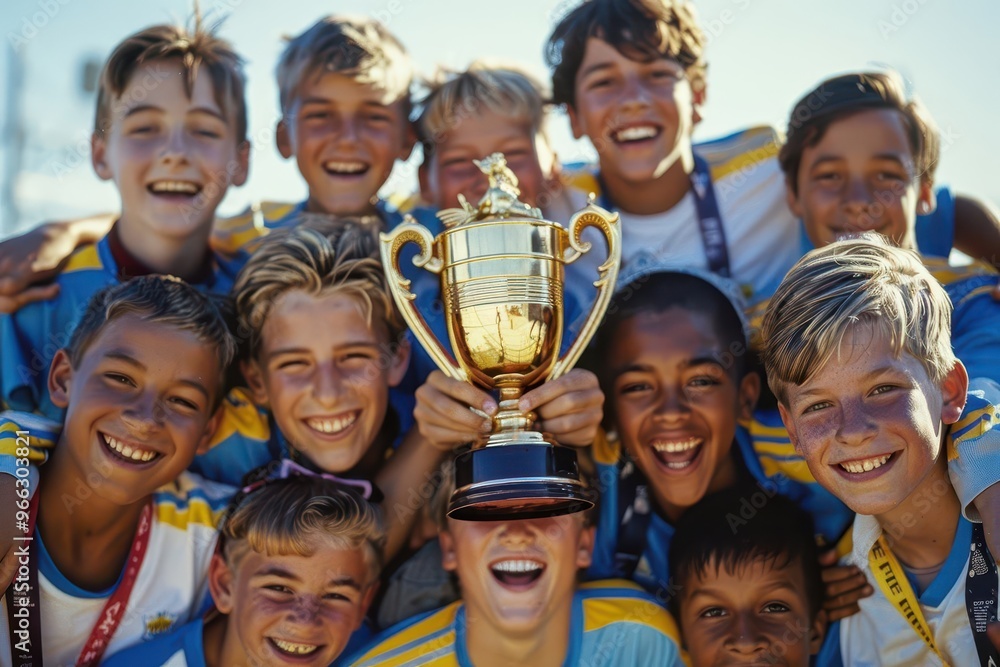 victorious young boys soccer team celebrating championship win holding ...