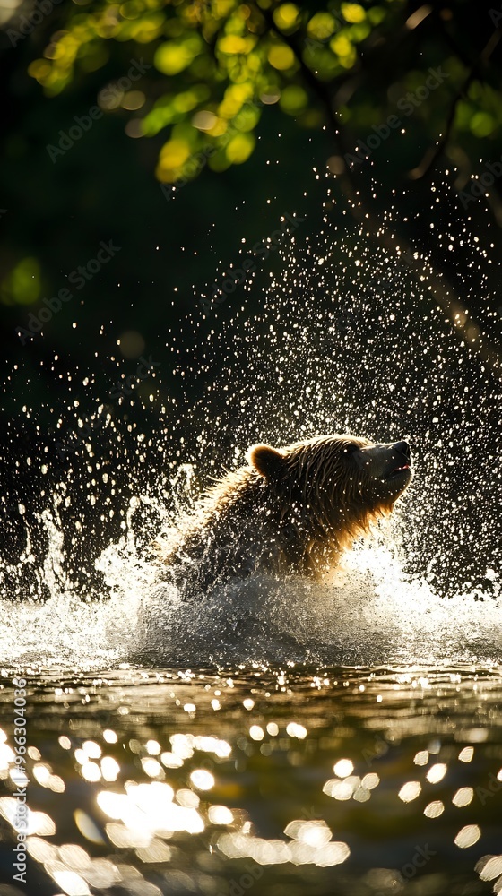 A bear fishing in a river, splashing water around, with the sunlight ...