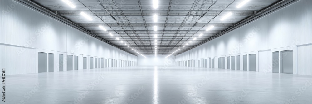 An empty industrial warehouse with white walls and fluorescent lighting ...
