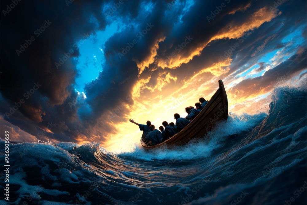 Jesus calming the storm, raising His hand to the turbulent sea while ...