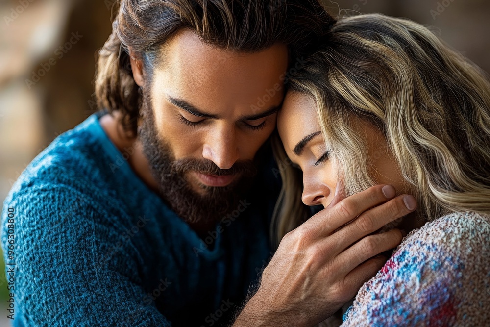Jesus comforting a grieving mother, placing His hand on her shoulder as ...