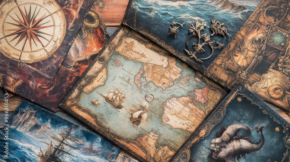This set of adventure game components includes a compass, maps, and ...