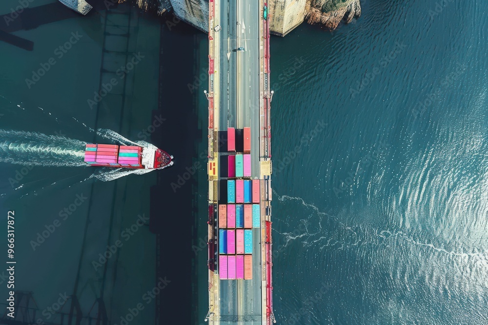 Container Ship Beneath Bridge Aerial view of a container ship passing beneath a suspension ...