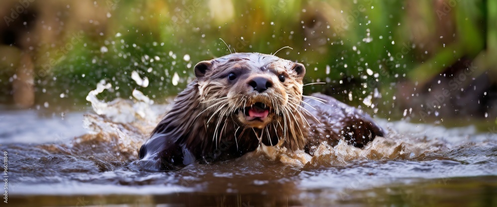 An energetic otter is caught mid-swim, creating a dynamic splash in the ...