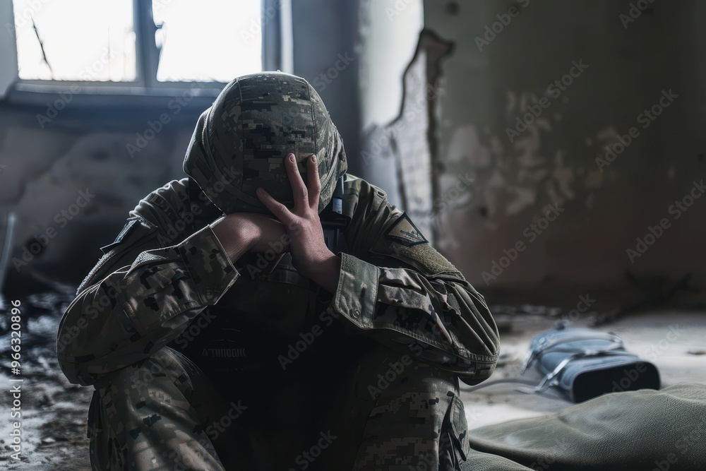 Having flashbacks. Post traumatic stress disorder. Soldier in uniform ...