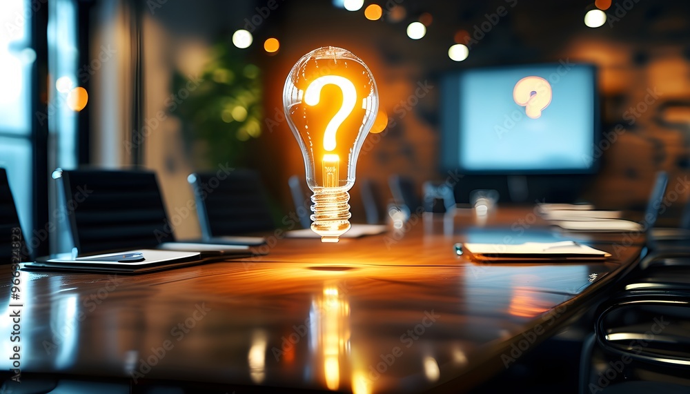 Illuminated question mark bulbs hovering above a modern boardroom table ...