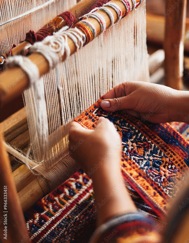 Peruvian indigenous Quechua woman weaving a textile with the ...