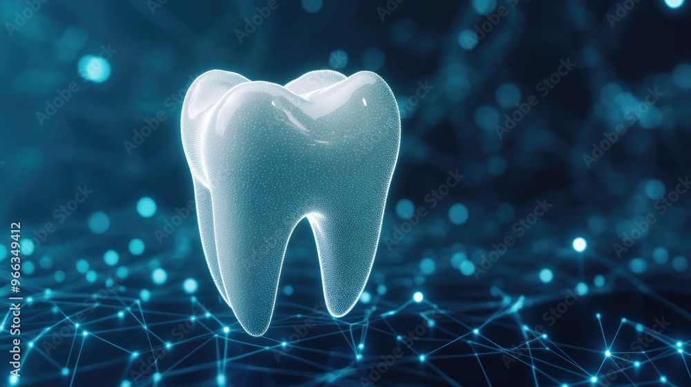 Digital rendering of a molar tooth depicted as a glowing, blue ...
