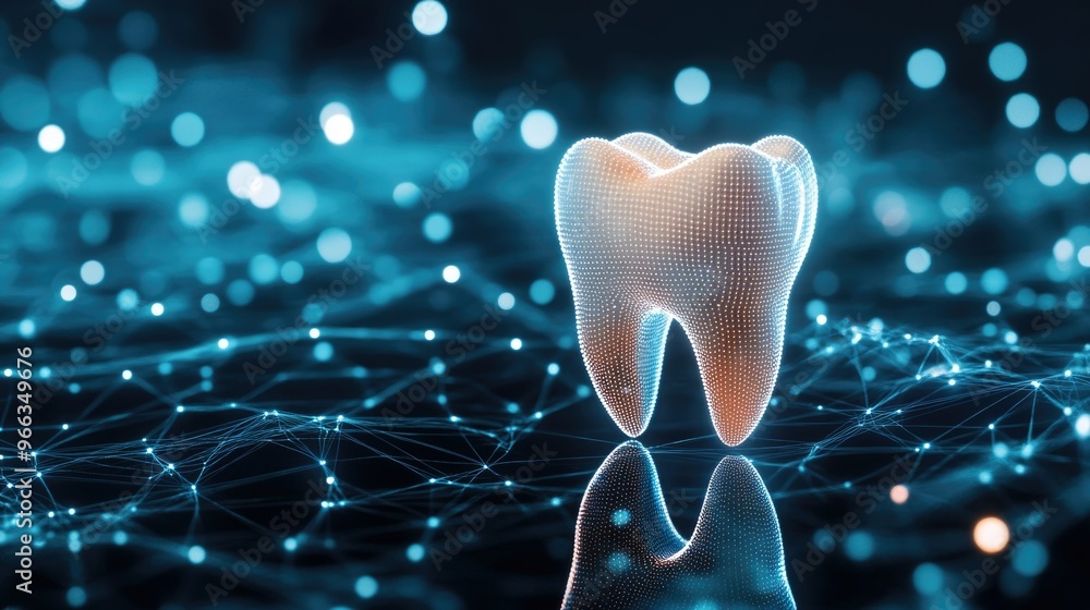 Digital rendering of a molar tooth depicted as a glowing, blue ...