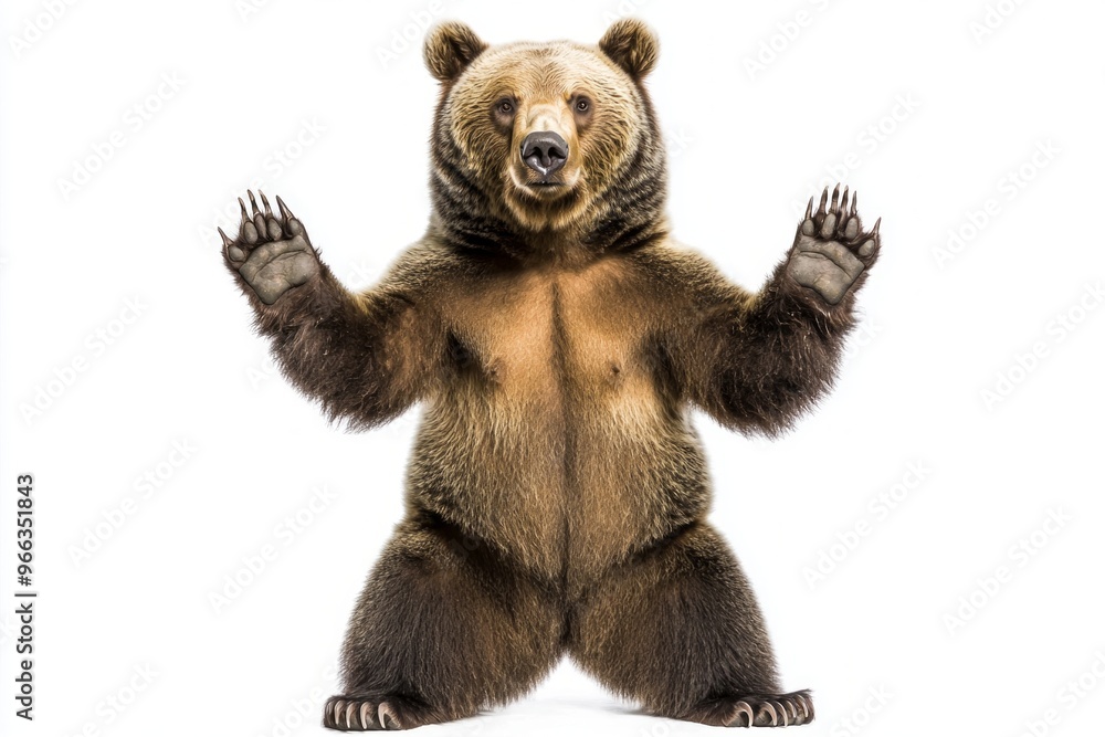 powerful grizzly bear rears up on its hind legs, exhibiting its large ...
