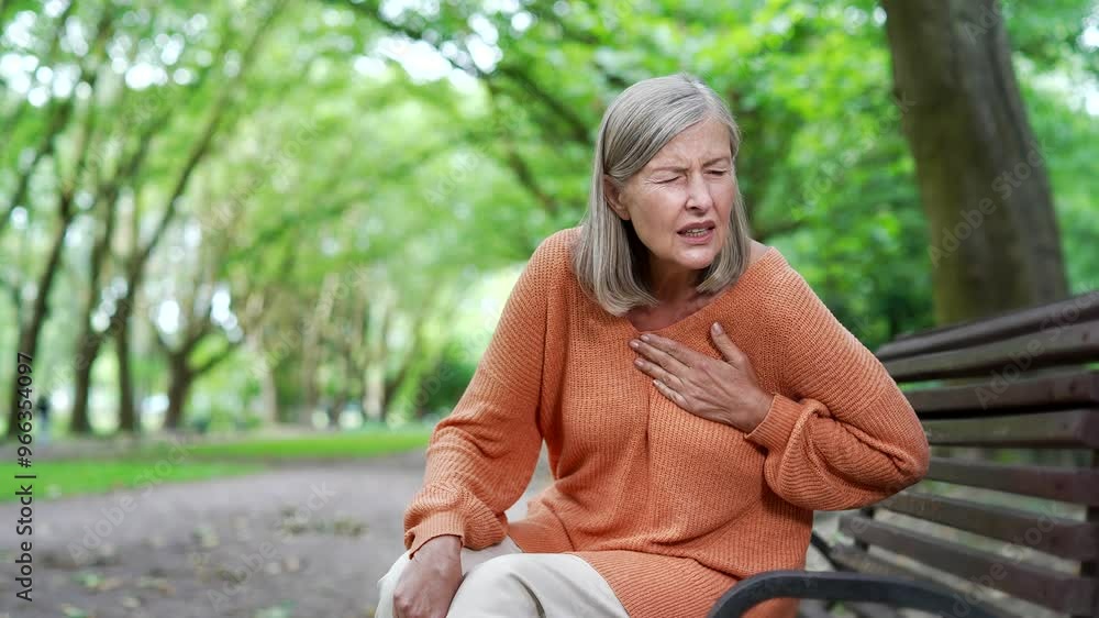 Sick senior female with gray hair suffering from chest tension, heart ...