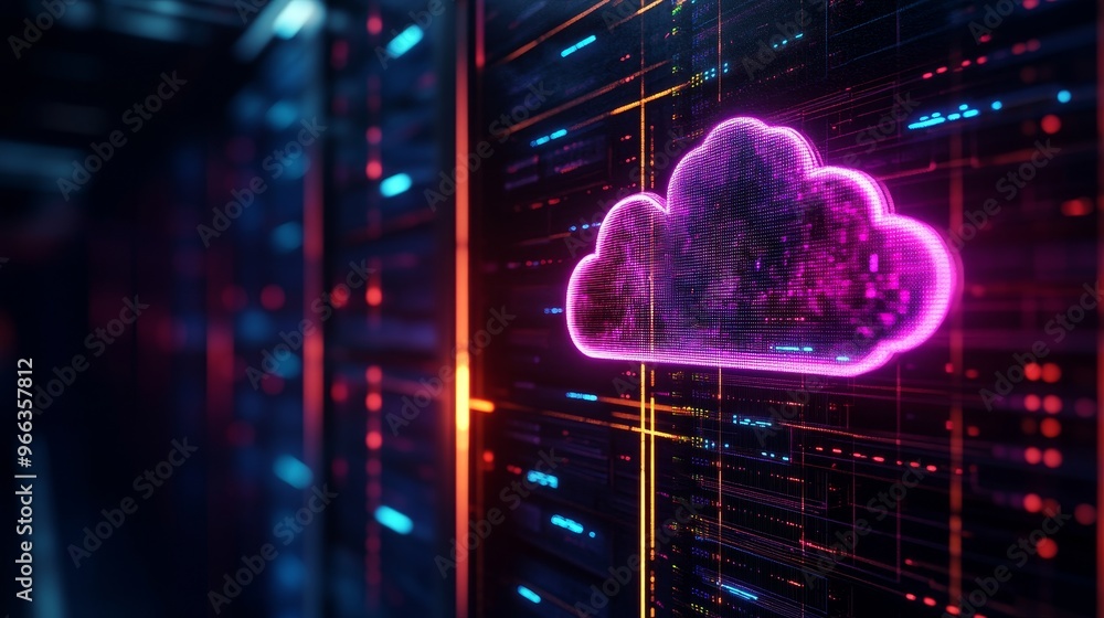 A futuristic cloud storage concept with a glowing neon cloud icon on a server rack, symbolizing ...