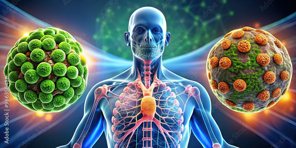 A dramatic illustration of the human body with a magnified lymph node ...