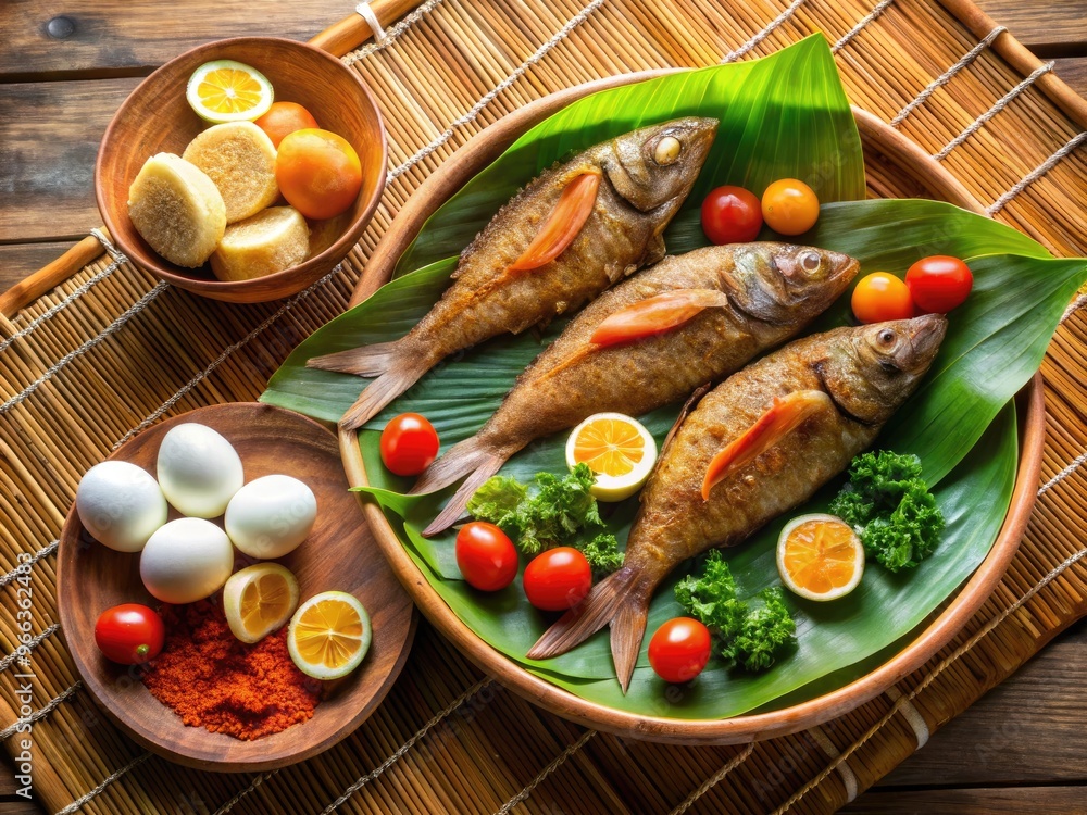 A Filipino Breakfast Spread Of Fried Fish, Tomatoes, And Salted Eggs ...
