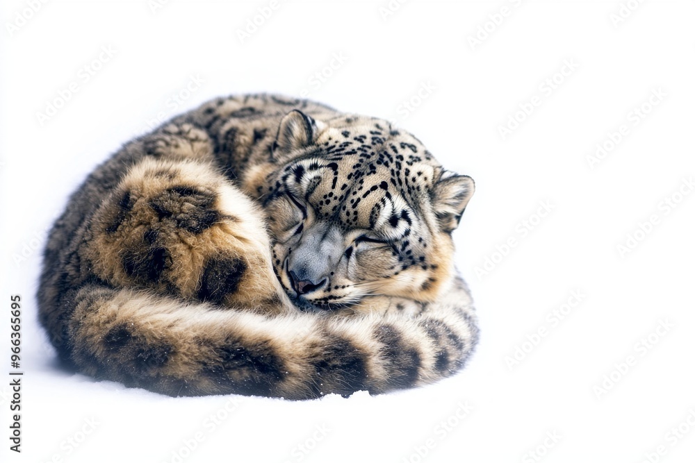 magnificent snow leopard curls comfortably with its tail wrapped around ...