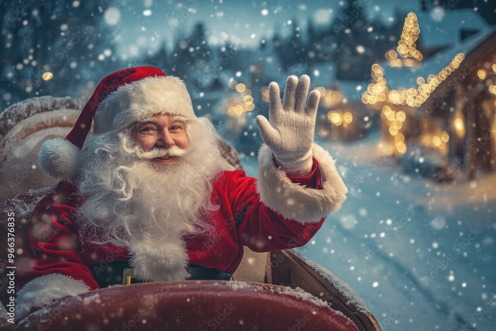 Santa Claus waving goodbye as he takes off in his sleigh, leaving ...