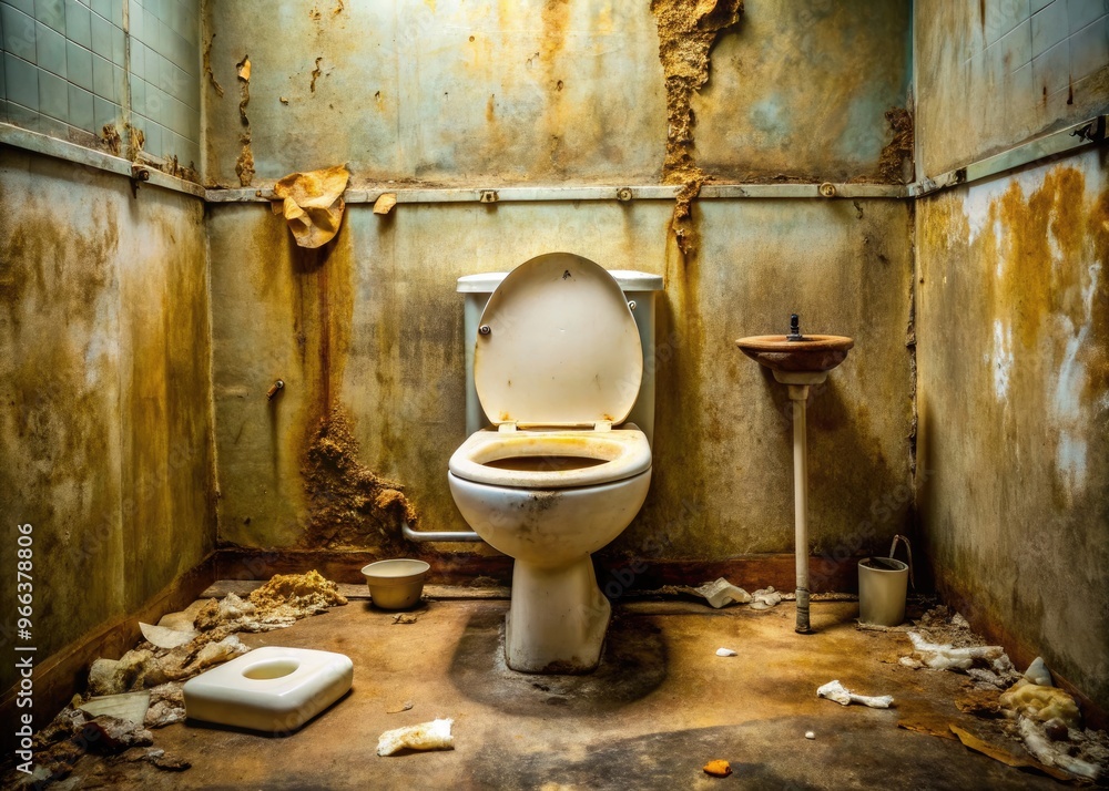 A putrid, messy toilet bowl overrun with feces, urine, and toilet paper ...