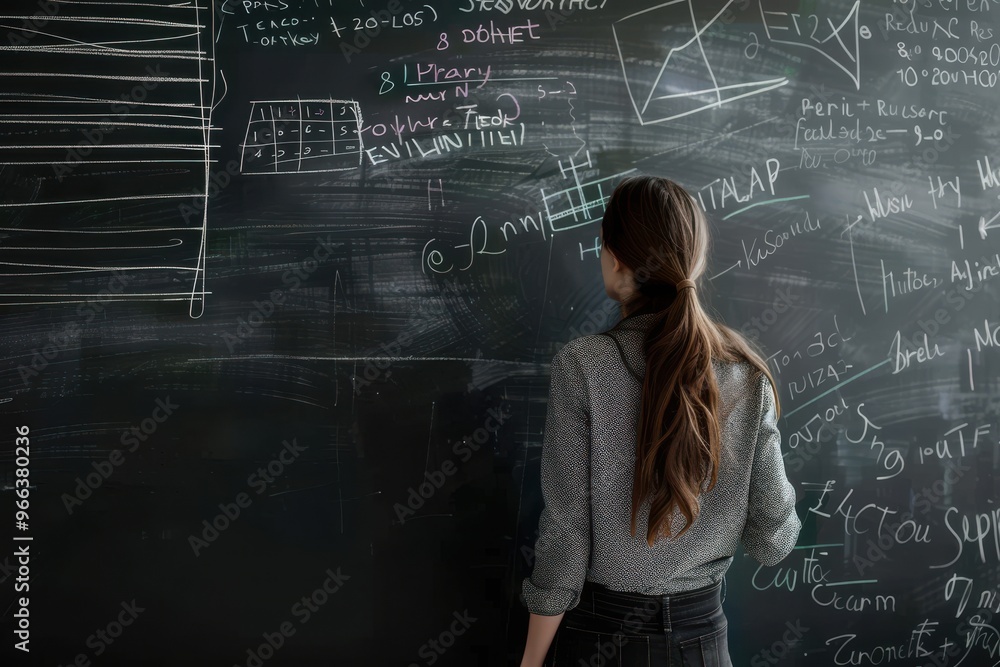 student woman or teacher in the class writes math formulas in chalk on ...