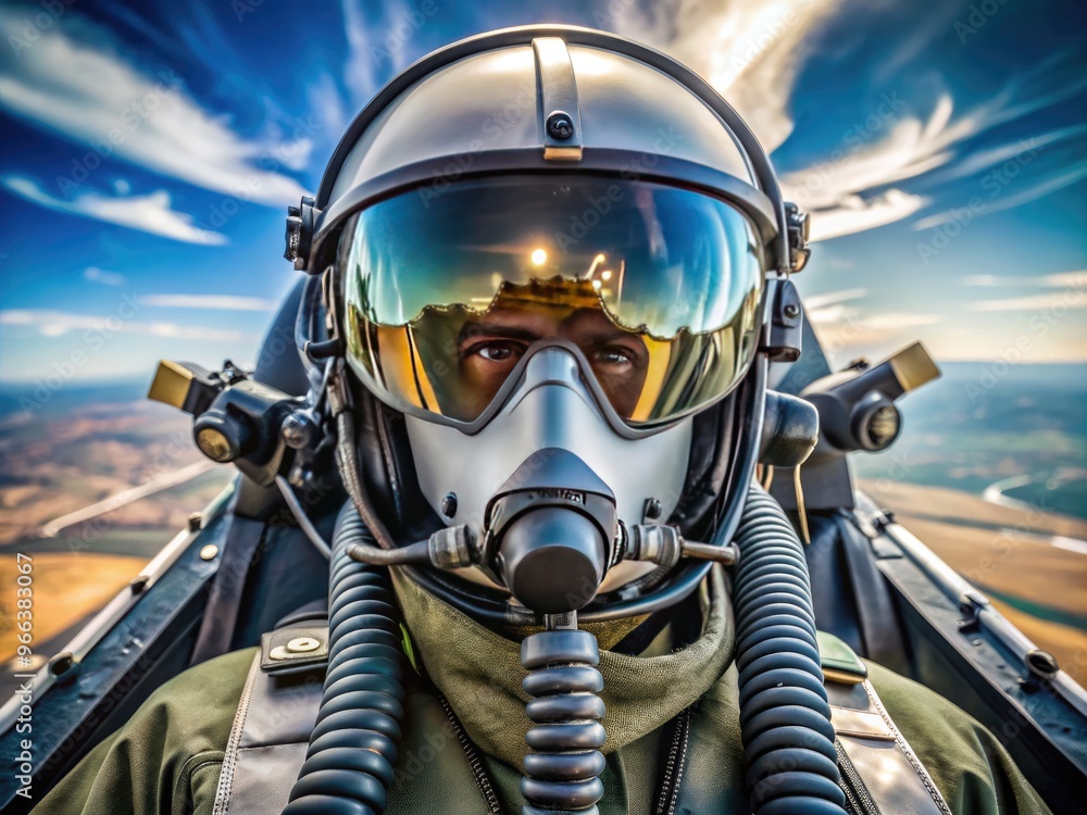 A sleek, high-tech fighter pilot helmet with tinted visor, oxygen mask ...