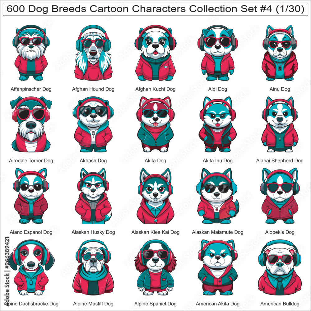 Dog Breeds Cartoon Characters Collection Set of 600 Dog Faces Isolated ...