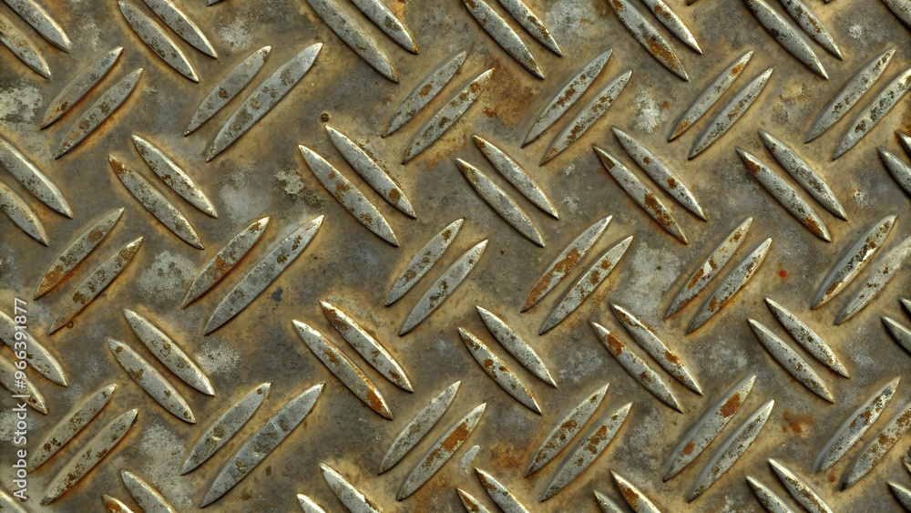 Diamond plate metal texture with a worn appearance and rust details in ...