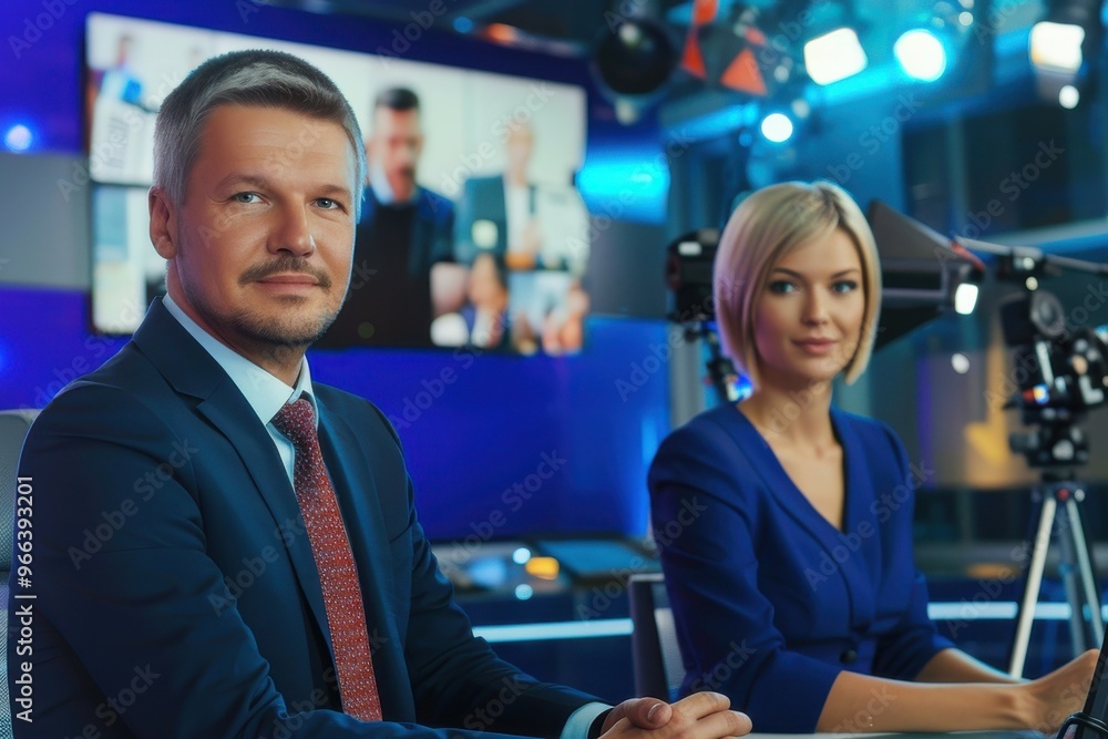 Journalists in a tv news studio Mature man and younger woman sitting at ...