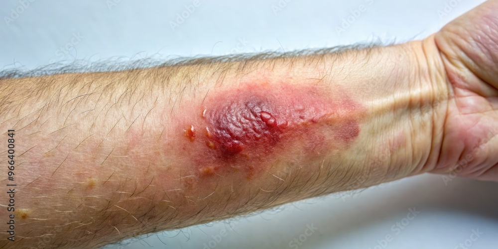 Close-up of a forearm with a Mantoux test reaction, showing a raised ...