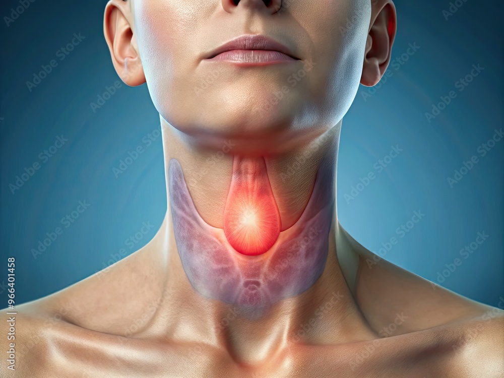 Close-up of a person's neck showing an enlarged thyroid gland, with visible swelling and bulging ...