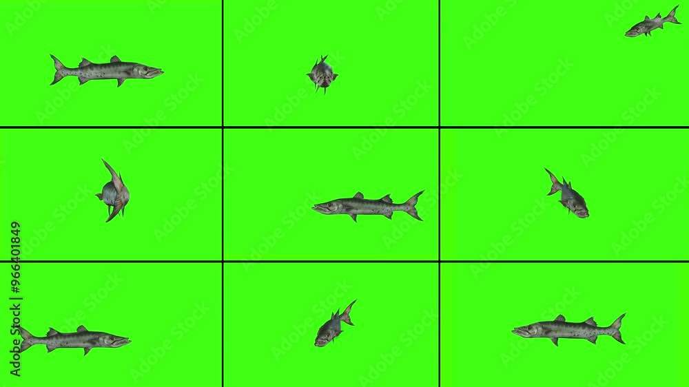 3D nine barracuda fish swims in the water animation on green screen ...