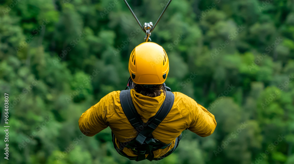 zipline - sliding on a rope, back view, man sliding down a canyon in ...