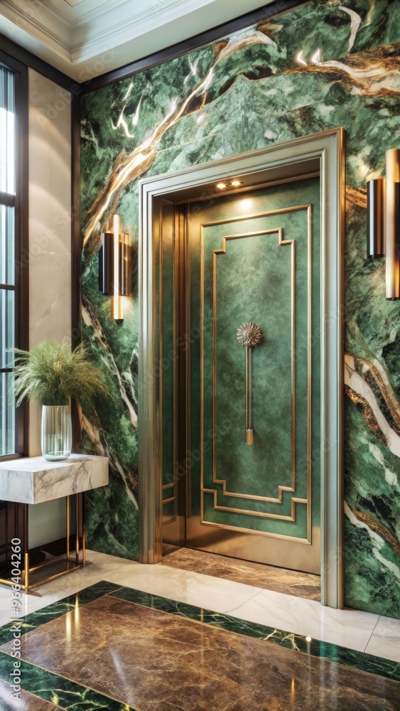 Elegant Emerald And Gold Marble Entrance With Unique Door Design And elegant-emerald-and-gold-marble-entrance-with-unique-door-design-and